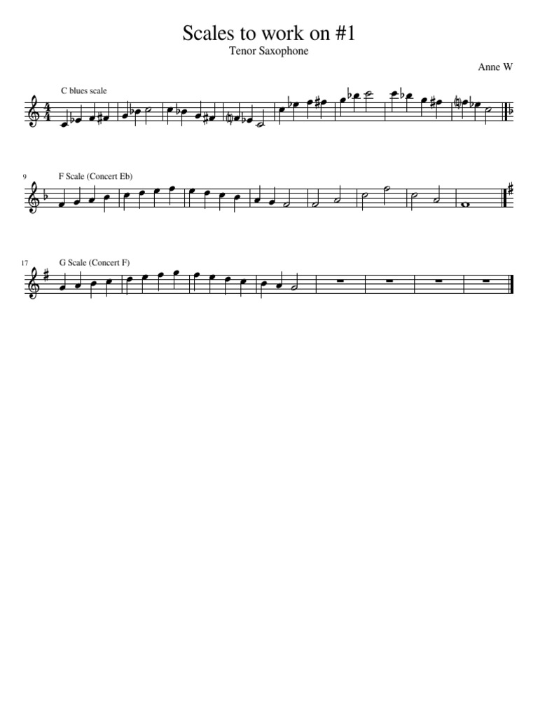 Tenor Saxophone Practice Scales: C Blues Scale, F Scale, and G Scale | PDF