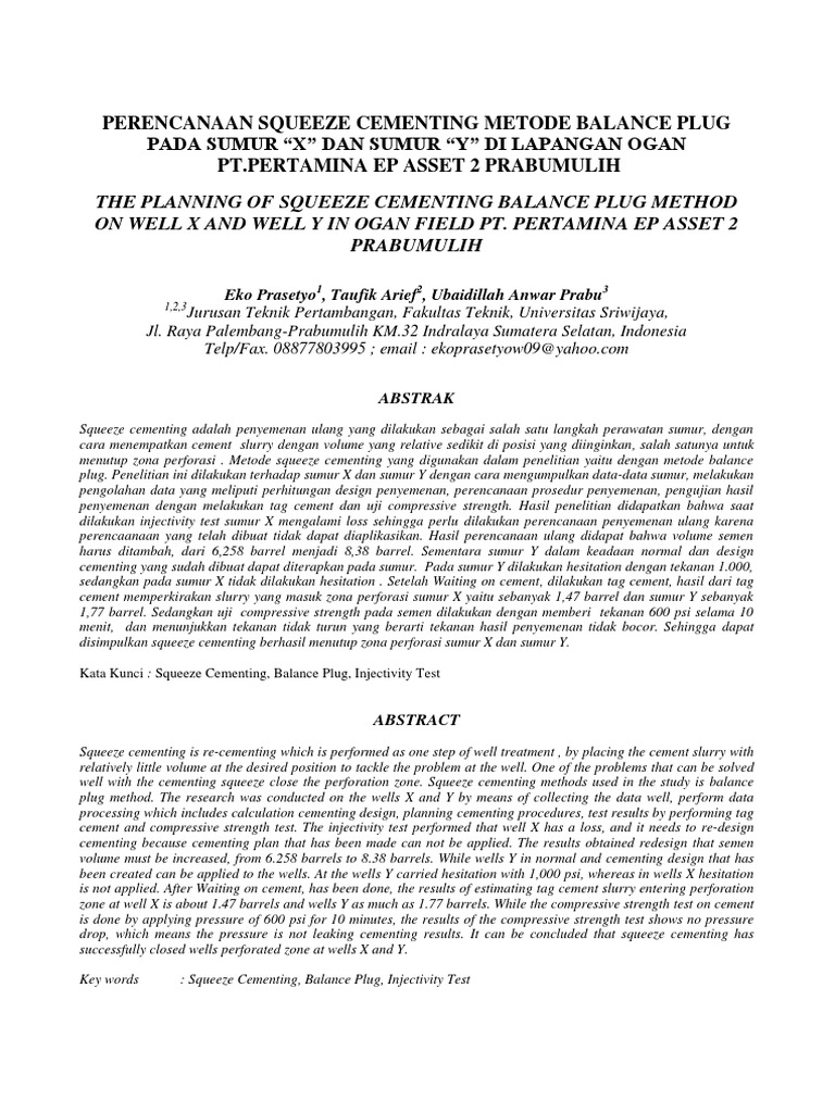 ID Perencanaan Squeeze Cementing Metode Bal PDF | PDF
