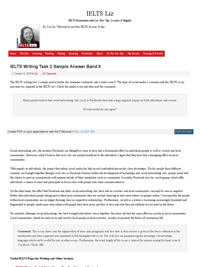 Ielts Liz: IELTS Writing Task 2 Sample Answer Band 9 | PDF | Social ...