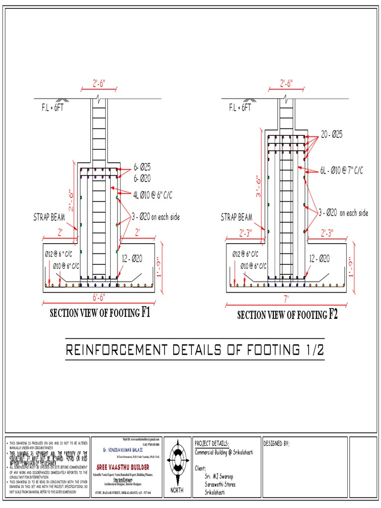 Reinforcement Details of Footing 1/2: Section View of Footing Section ...