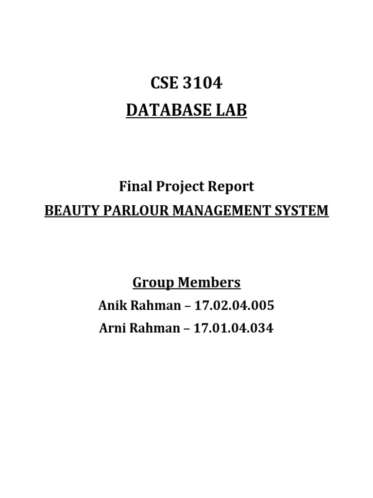 CSE 3104 Database Lab: Final Project Report Beauty Parlour Management ...