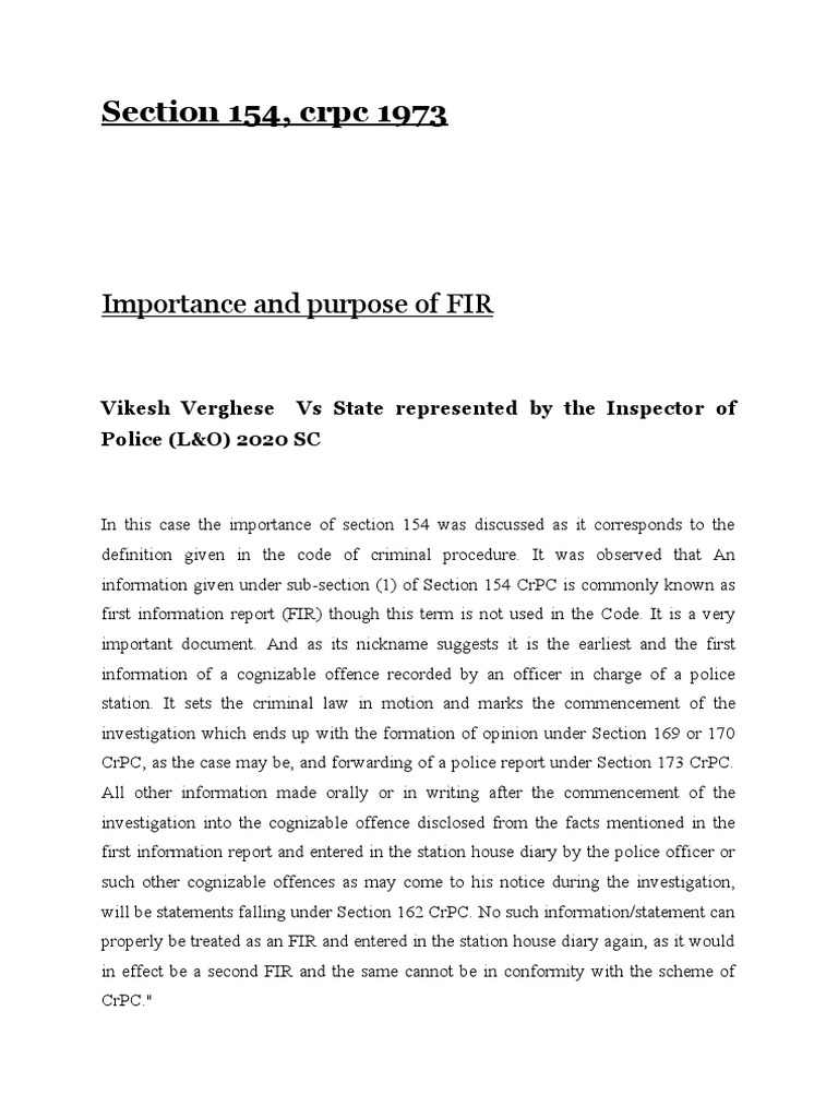 Section 154, CRPC 1973: Importance and Purpose of FIR | PDF | Criminal ...