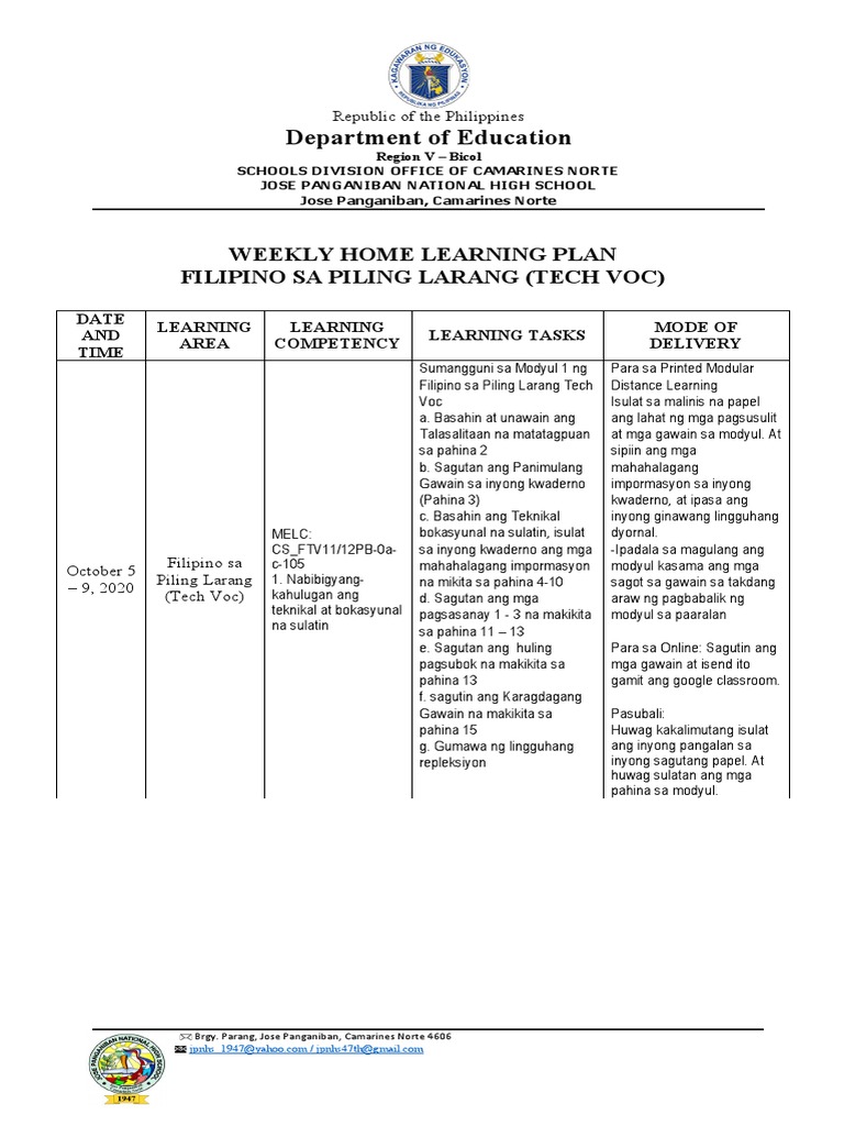 WHLP - Week 1 and 2 - Piling Larang TechVoc | PDF