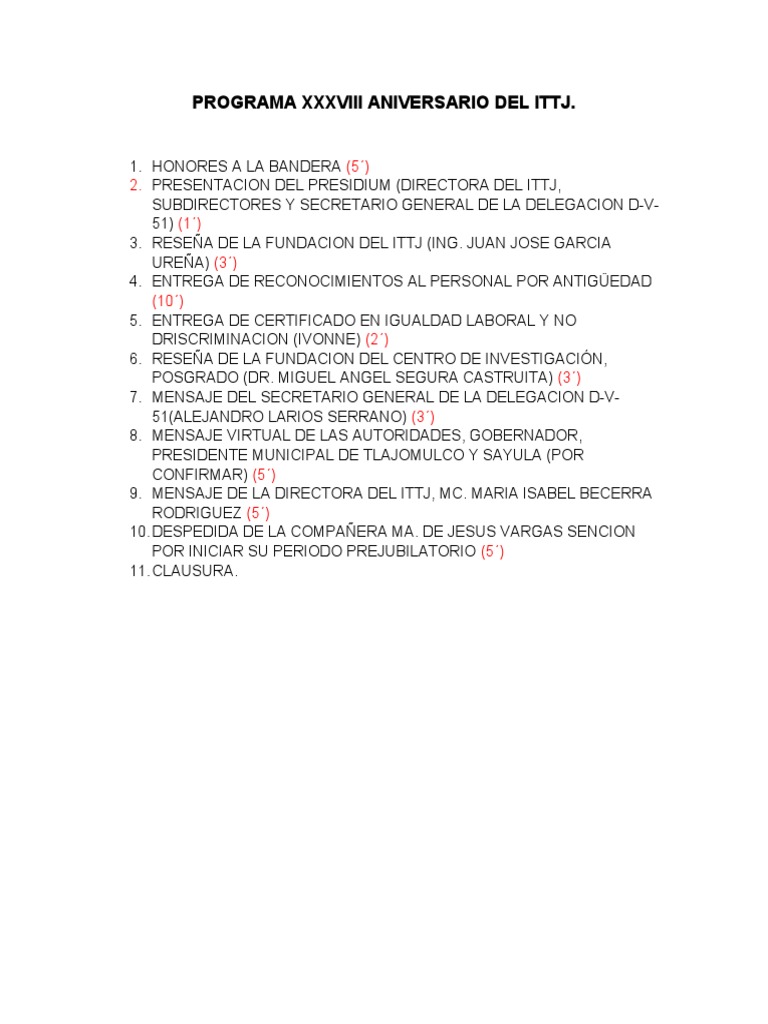 Programa Xxxviii Aniversario Del Ittj | PDF