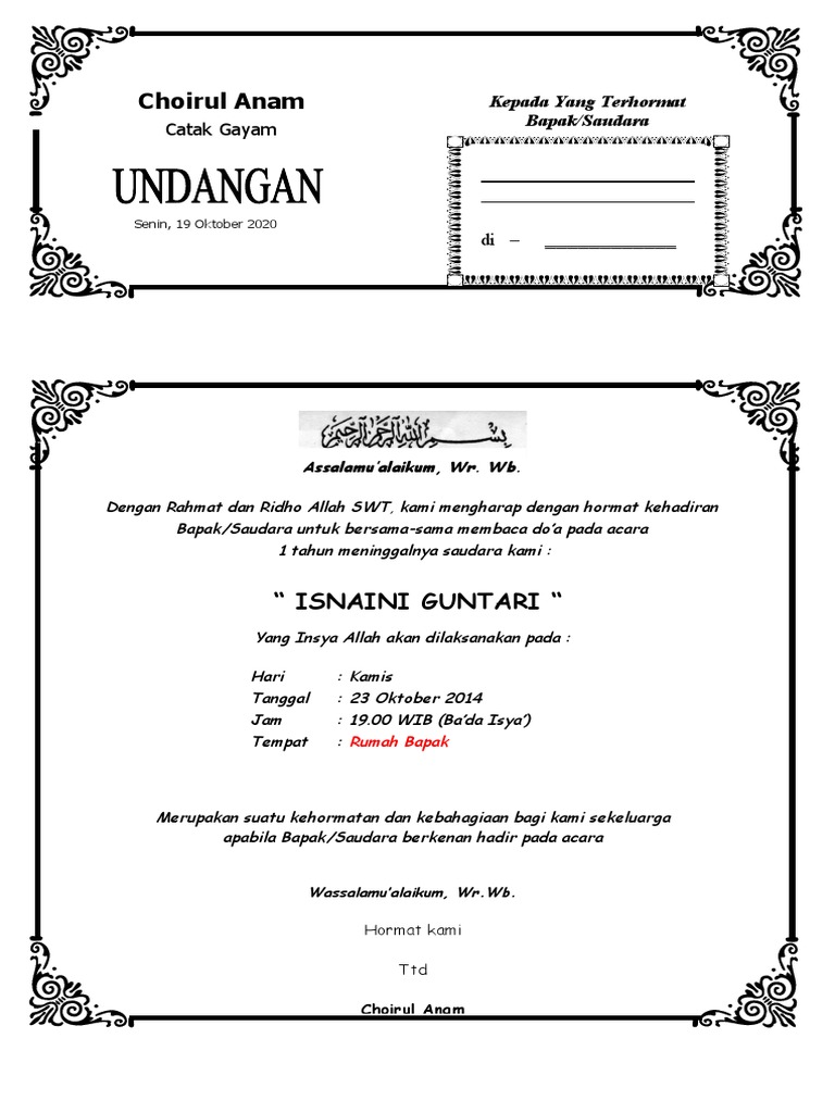 Dokumen - Tips - Contoh Undangan Tahlilan Pendak Meninggalnya | PDF