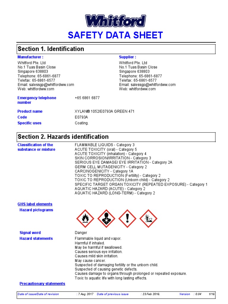 Safety Data Sheet: Section 1. Identification | PDF | Toxicity ...