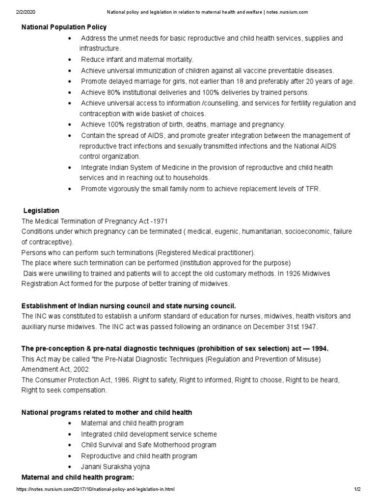 National Policy and Legislation in Relation To Maternal Health and ...