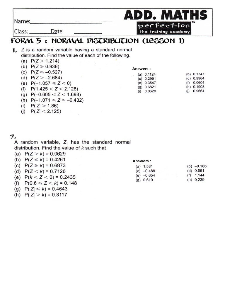 Form 5: Normal Distribution (Lesson 1) : Answers | PDF