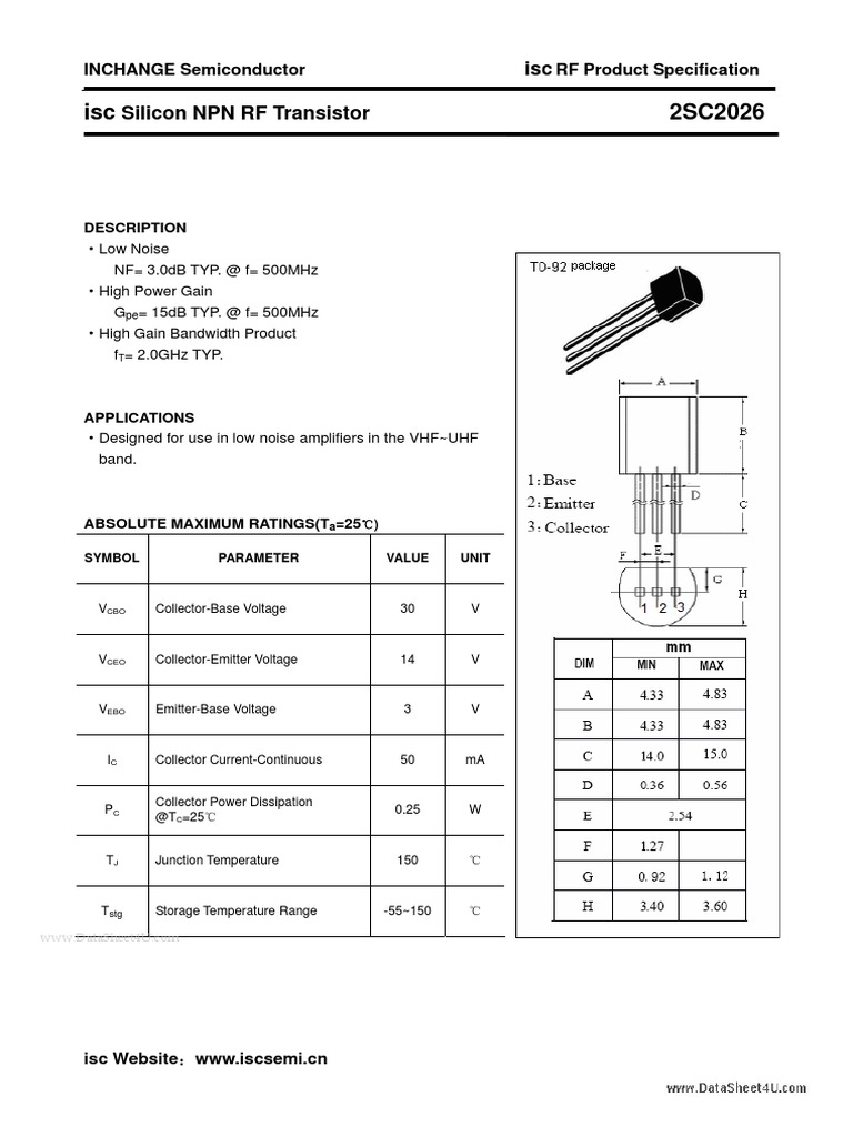 Isc 2SC2026: Isc Silicon NPN RF Transistor | PDF | Technology & Engineering