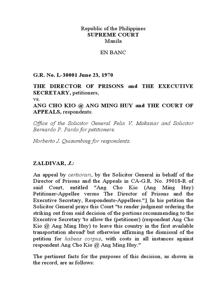 Director of Prisons vs. Ang Chong Kio, 33 SCRA 494 PDF | PDF | Court Of ...