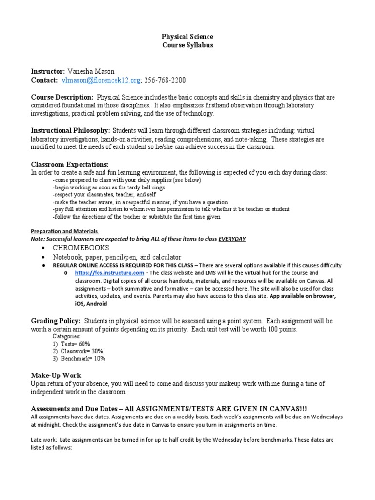 Physical Science Course Syllabus | Download Free PDF | Classroom | Teachers