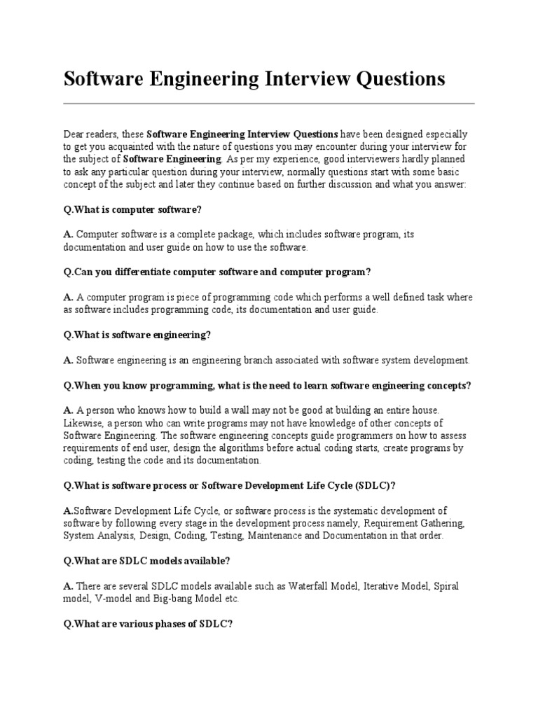 Software Engineering Interview Questions | Download Free PDF | Software ...