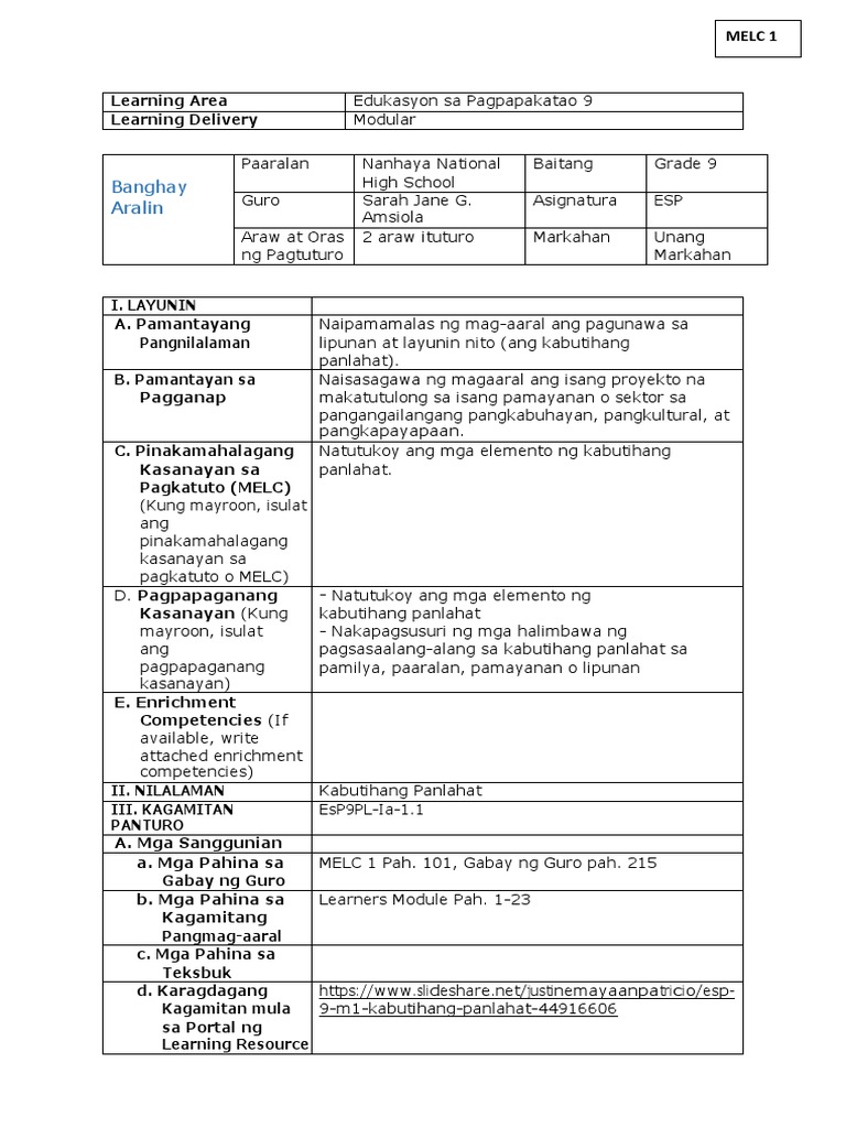 Esp 9 - Melc 1-18 | PDF