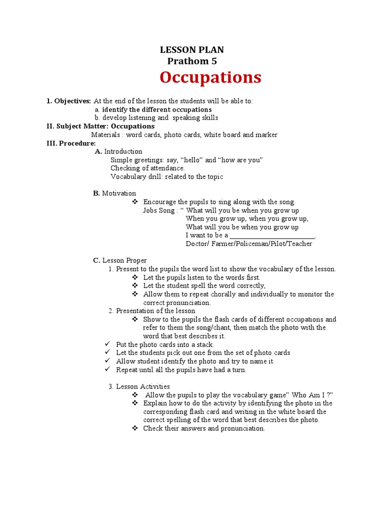 Occupations: Lesson Plan Prathom 5 | Download Free PDF | Lesson Plan ...
