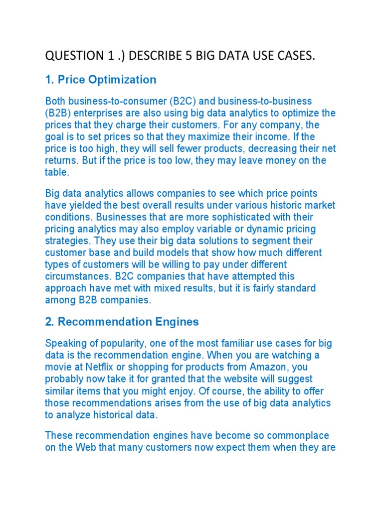 Question 1 .) Describe 5 Big Data Use Cases.: 1. Price Optimization | PDF | Internet Of Things ...