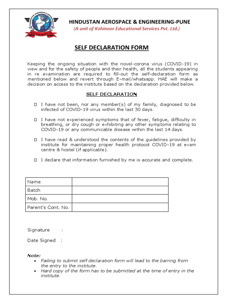 Self Declaration Form: Hindustan Aerospace & Engineering-Pune | PDF