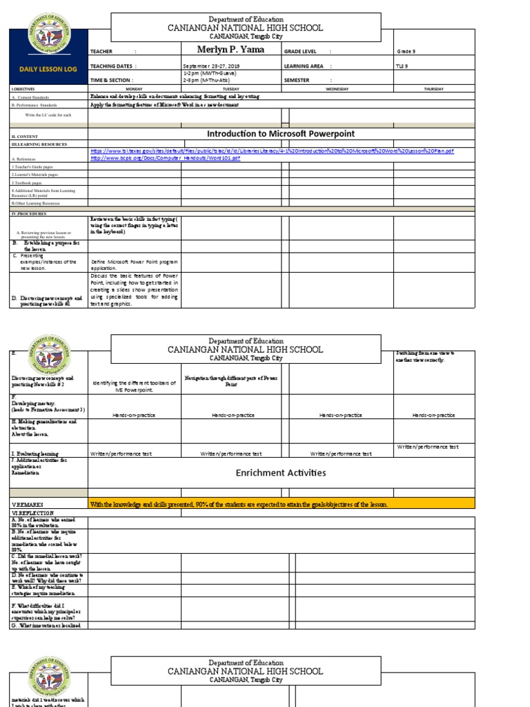 DAILY LESSON LOG - TLE 9 Microsoft Office-Power Point | PDF | Pedagogy | Teaching