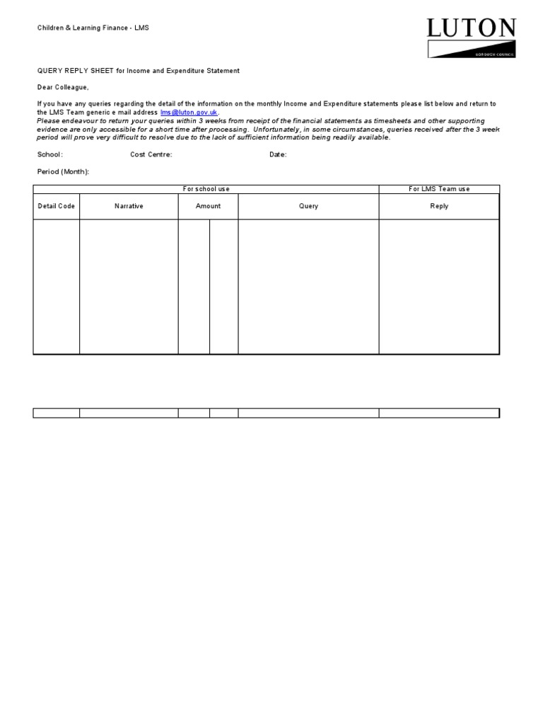 QUERY REPLY SHEET For Income and Expenditure Statement: Lms@luton - Gov ...