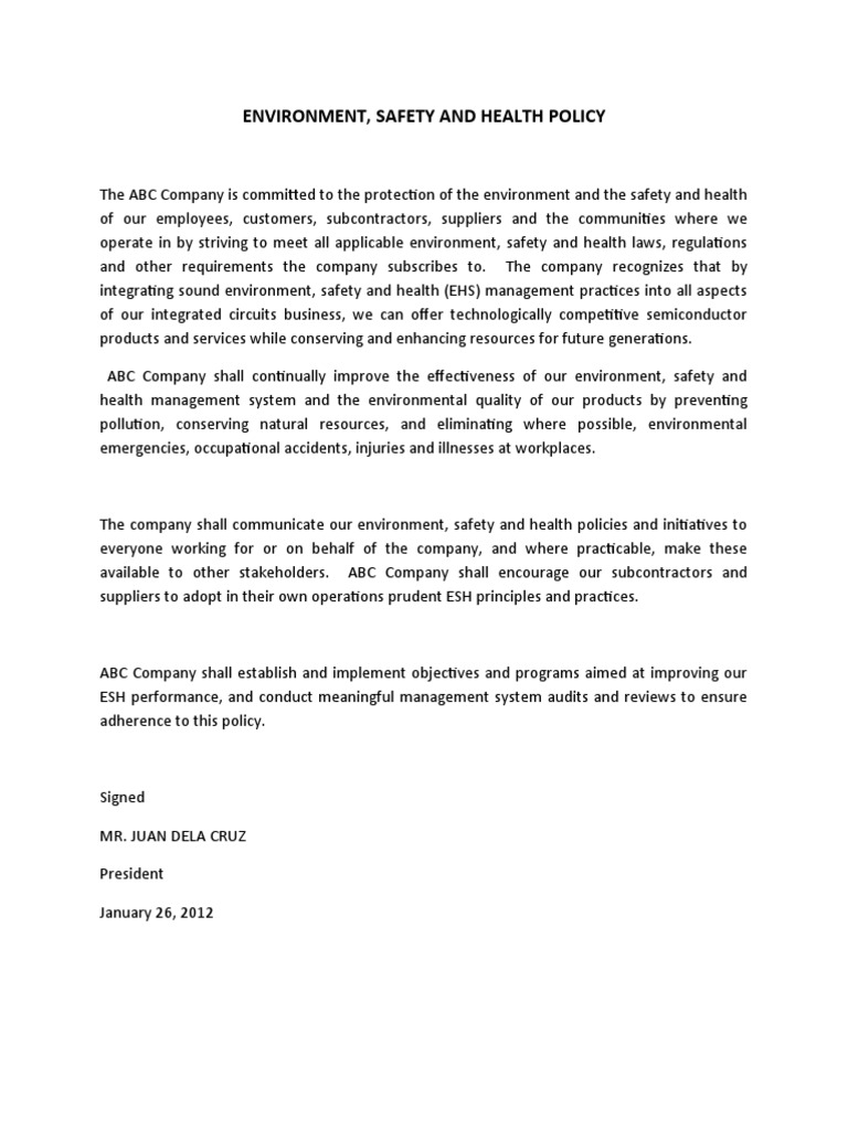 Sample EHS Policy | PDF