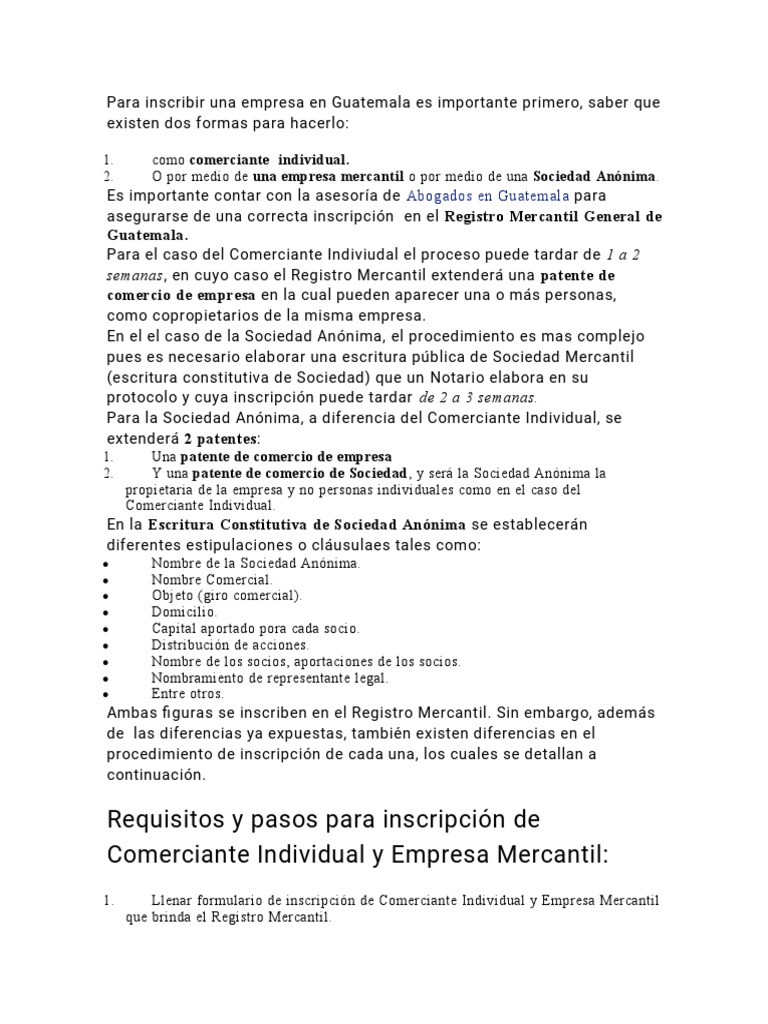 Requisitos y Pasos para Inscripción de Comerciante Individual y Empresa Mercantil | PDF ...