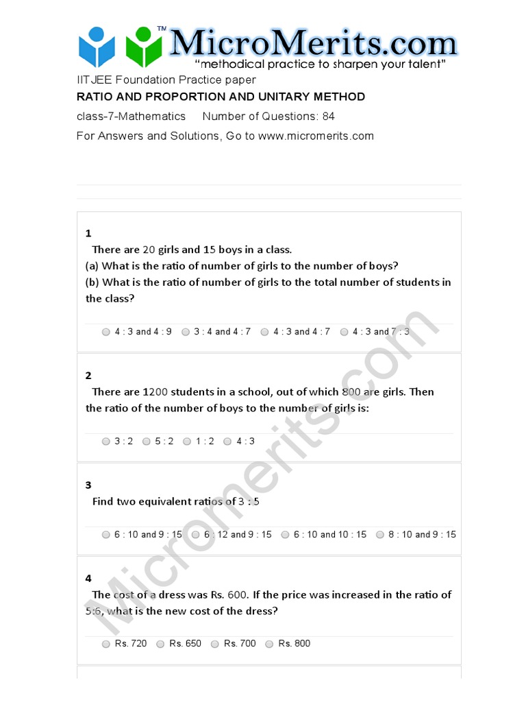 IITJEE Foundation Practice Paper Ratio and Proportion and Unitary Method Class-7-Mathematics ...