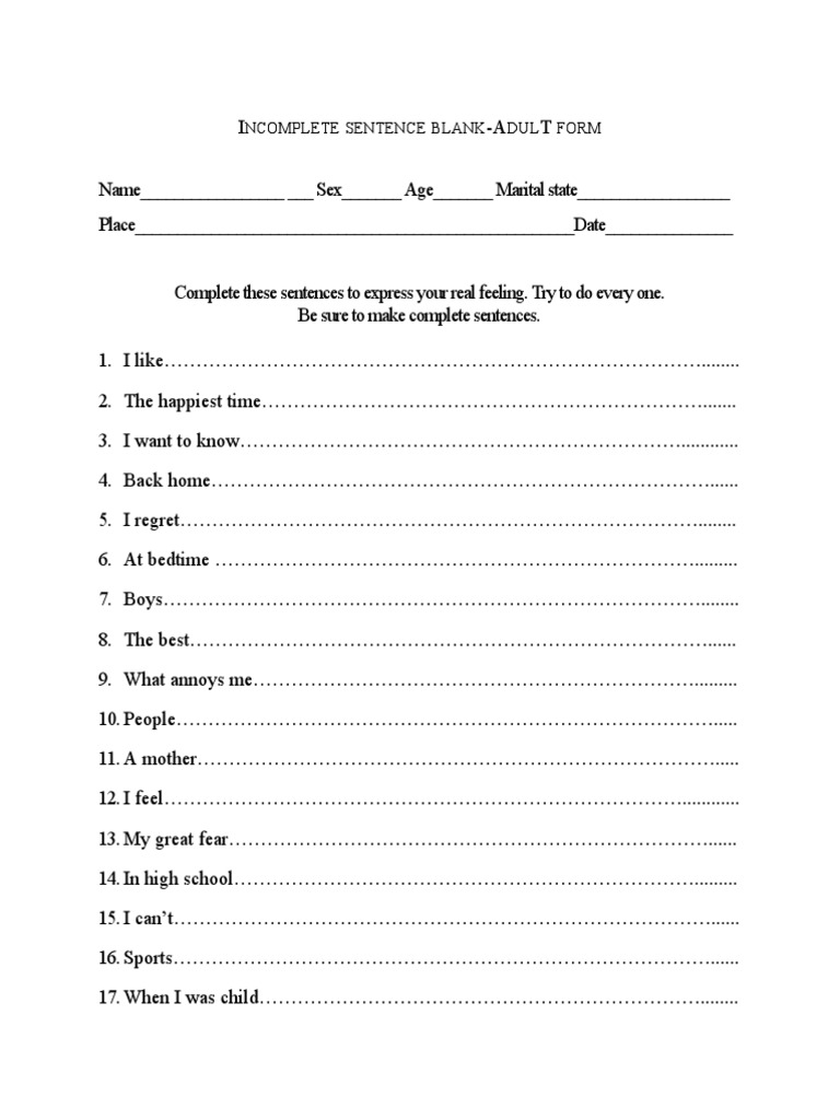 Rotter Incomplete Sentence Blank Test | PDF