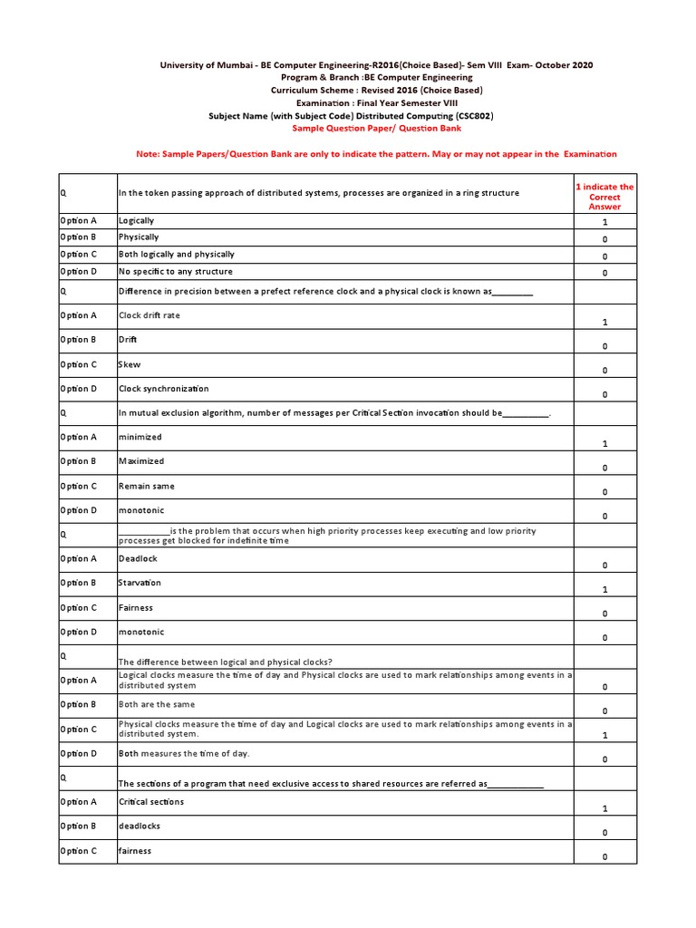 Sample Question Paper/ Question Bank: Subject Name (With Subject Code) Distributed Computing ...