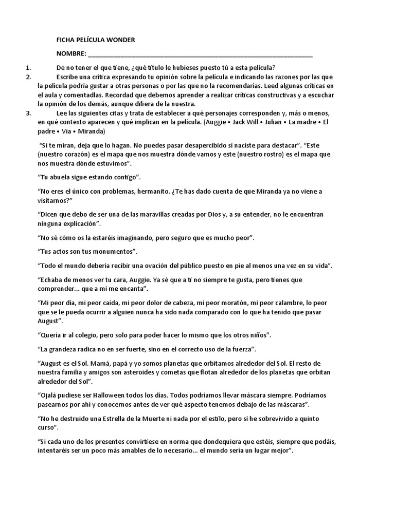 Actividades y valores de la película Wonder | PDF