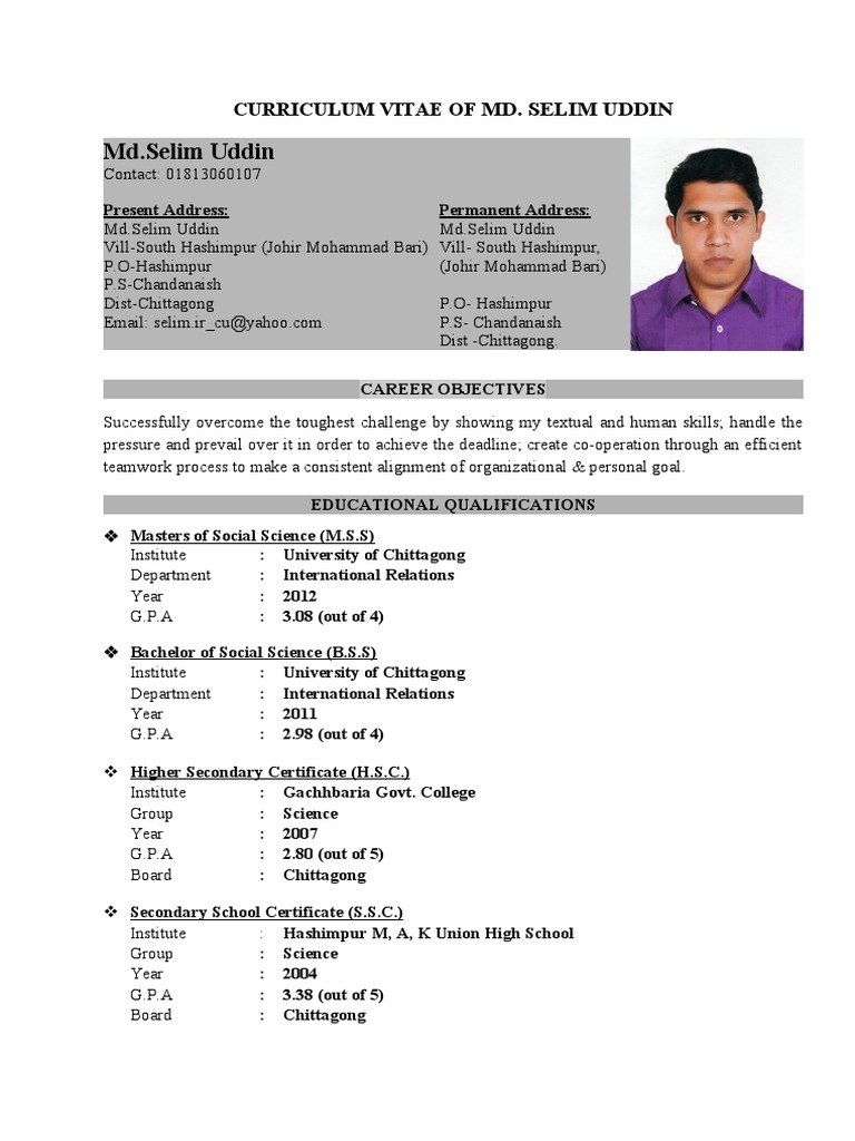 Bio-Data Md. Selim Uddin | PDF | Bangladesh | Science