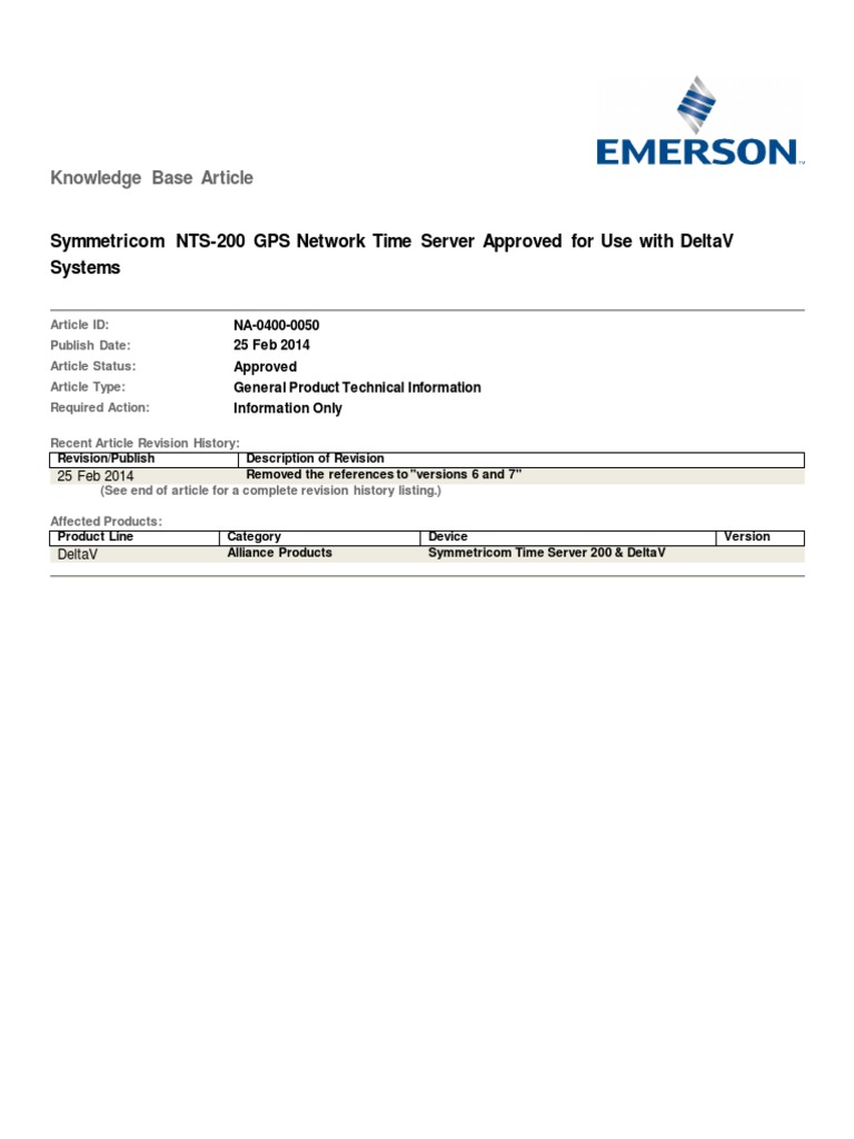 KBA Symmetricom NTS-200 GPS Network Time Server Approved For Use With DeltaV Systems PDF ...