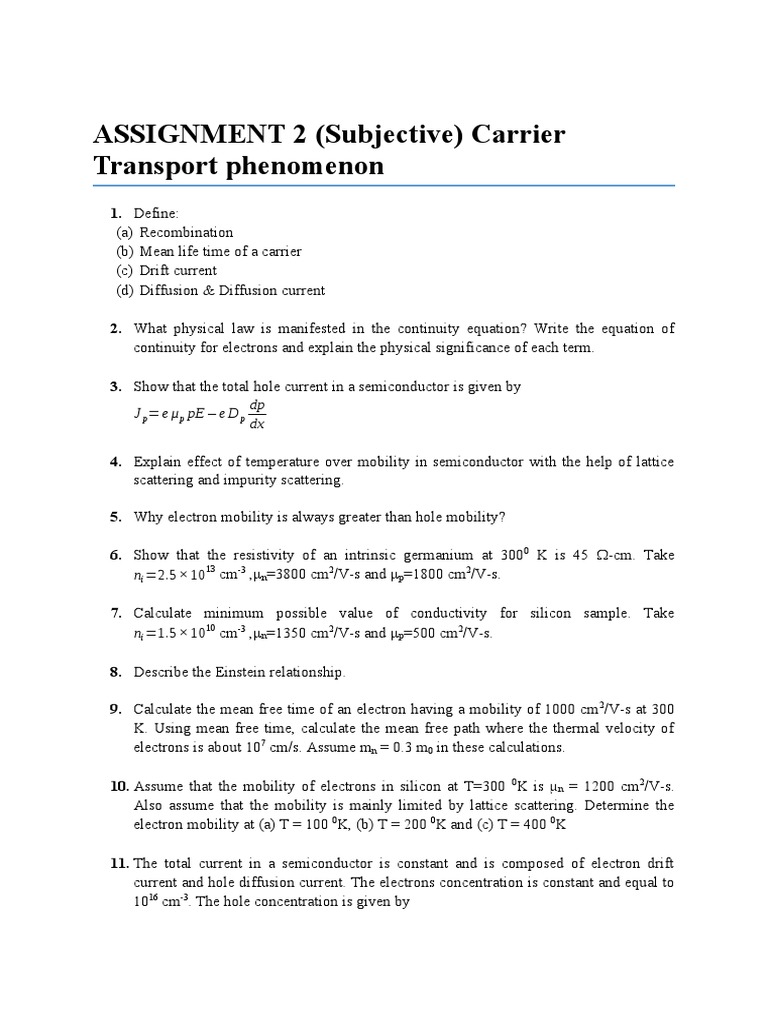 ASSIGNMENT 2 (Subjective) Carrier Transport | PDF | Doping (Semiconductor) | Semiconductors