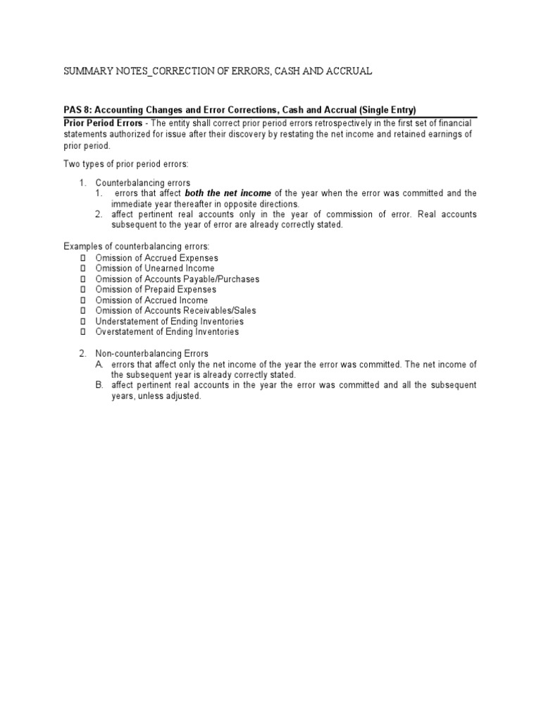 Summary Notes - Correction of Errors, Cash and Accrual | PDF | Business ...