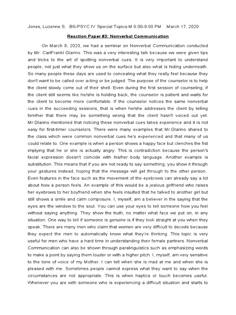 Reaction Paper #3: Nonverbal Communication | PDF | Nonverbal ...
