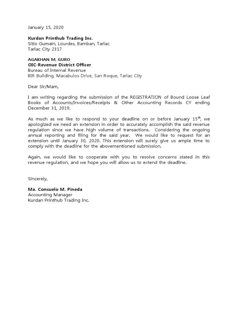 Request for Extension on BIR Submission | PDF