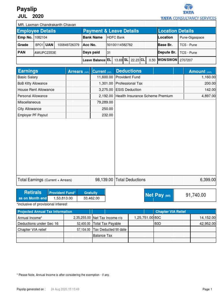 Pay Slip July 2020... | PDF | Paycheck | Insurance