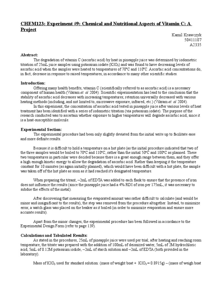 Vitamin C Degradation in Pineapple Juice | PDF | Mole (Unit) | Molar ...