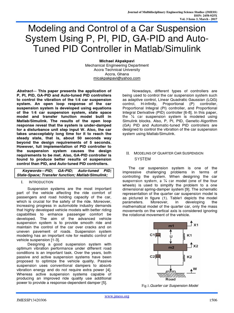 Modeling and Control of A Car Suspension System Using P, PI, PID, GA-PID and Auto-Tuned PID ...