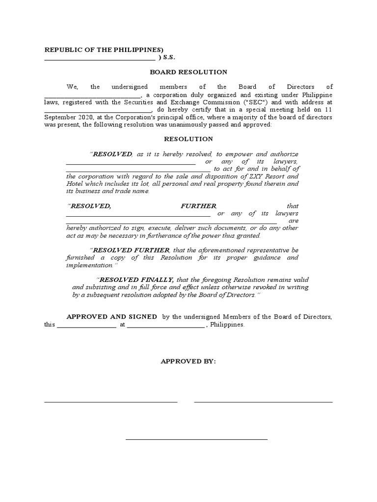 Republic of The Philippines) - ) S.S. Board Resolution | PDF | Board Of ...