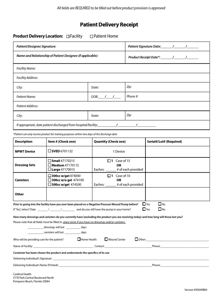 Patient Delivery Receipt: Product Delivery Location: Facility | PDF ...