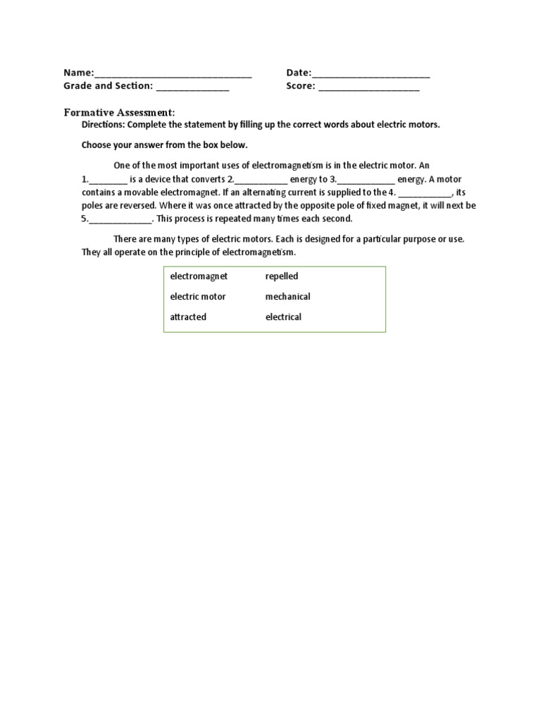 Formative assessment electric motors worksheet | PDF | Transformer ...