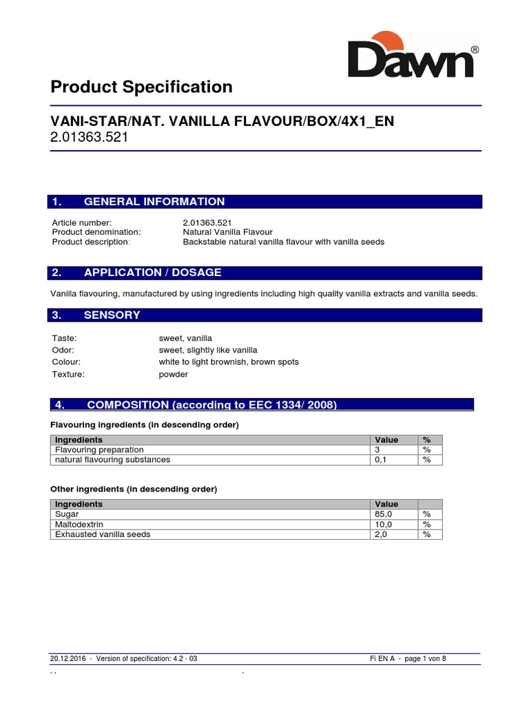 Detailed Product Specification for Natural Vanilla Flavour Powder with ...