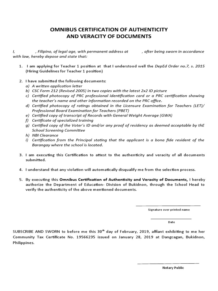 Omnibus Certification of Authenticity and Veracity of Documents | PDF