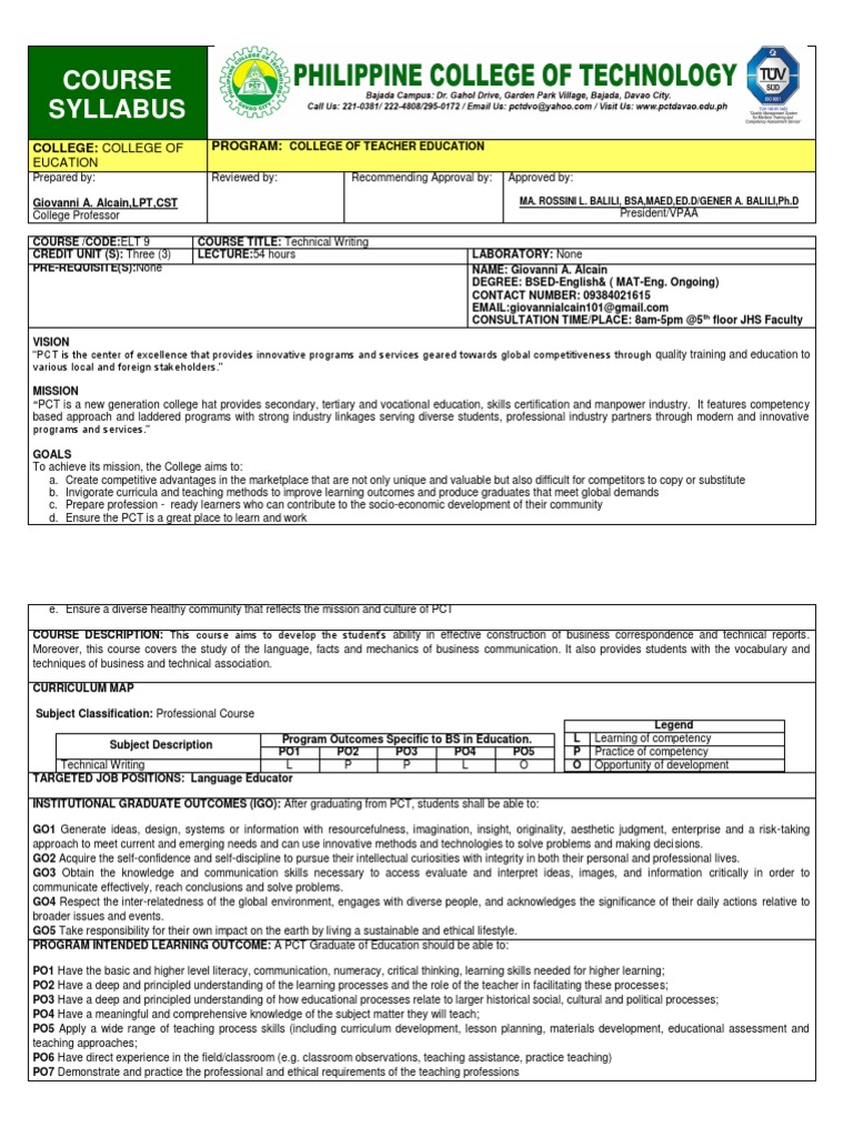 Elt 9 Technical Writing Syllabus PDF Revised | PDF | Lecture ...