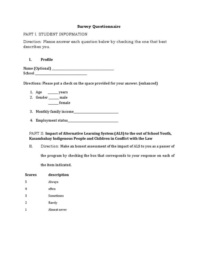 Survey Questionnaire: 5 Always 4 Often 3 Sometimes 2 Rarely 1 Almost ...
