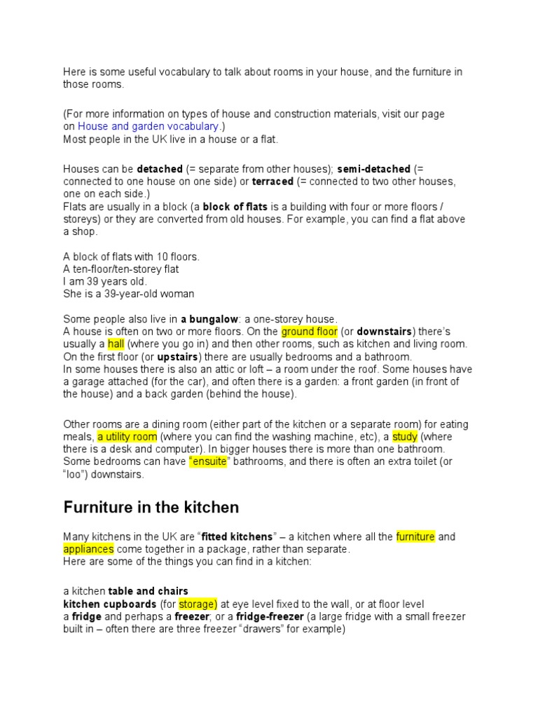 Vocabulary for House Rooms and Furniture | PDF | Bathroom | Kitchen