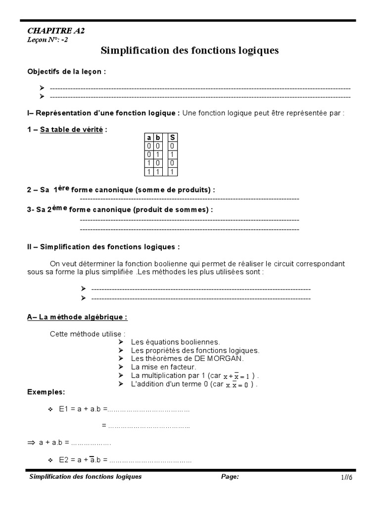 Simplification Des Fonctions Logiques Doc Elev | PDF | Fonction logique ...