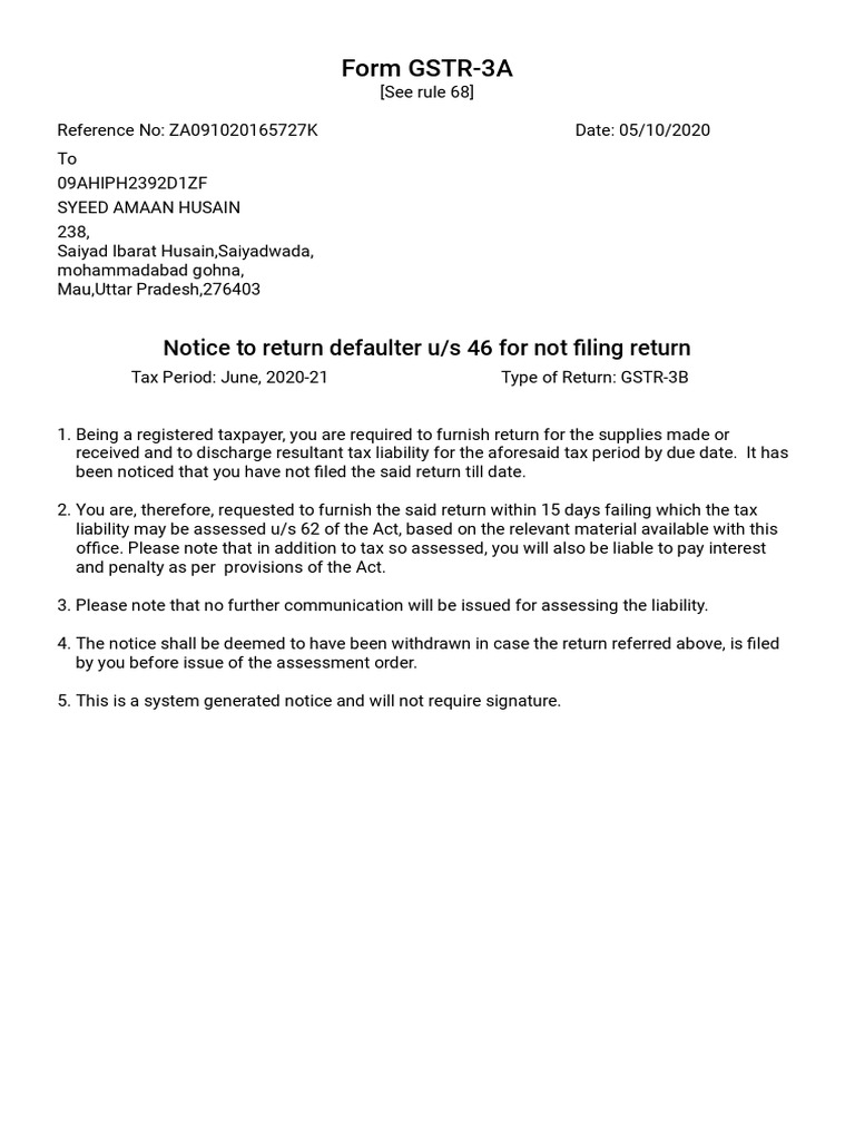 Form GSTR-3A: Notice To Return Defaulter U/s 46 For Not Filing Return ...