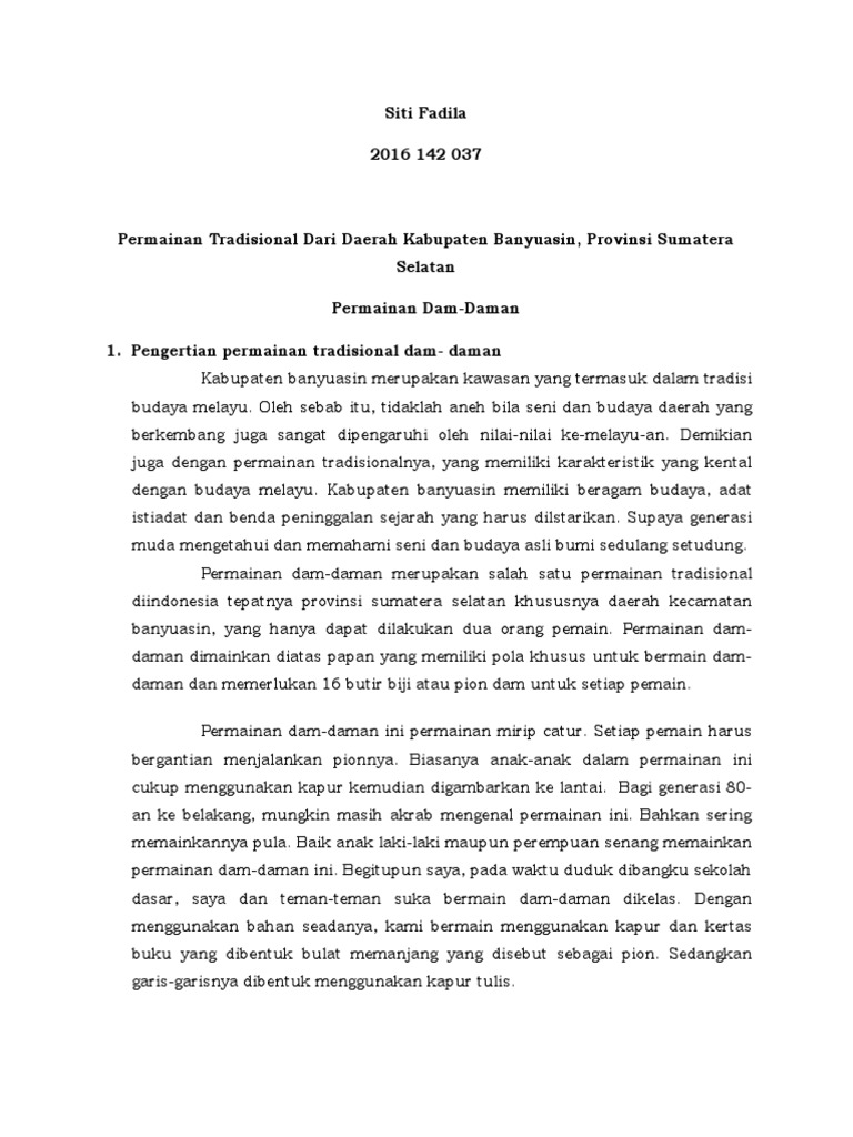 Permainan Tradisional Banyuasin Dam - Daman | PDF