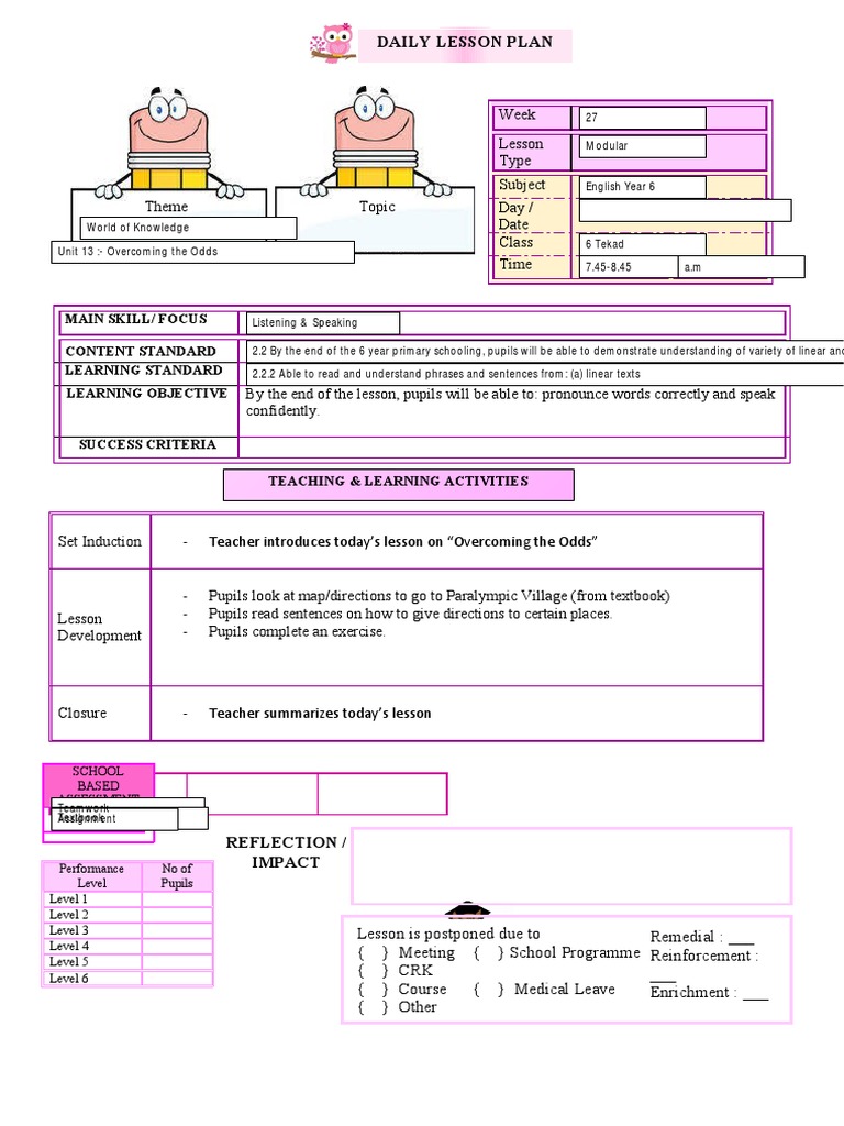 Daily Lesson Plan: Main Skill/ Focus Content Standard Learning Standard ...