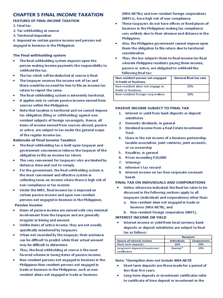 Income Taxation CHAPTER 5-NOTES | PDF | Dividend | Withholding Tax